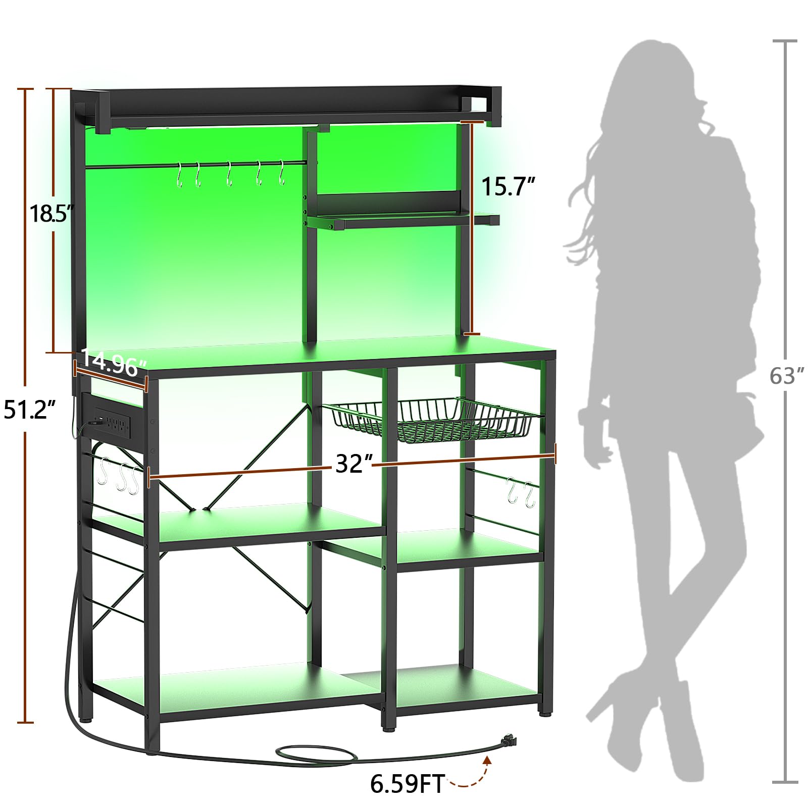 Aheaplus Bakers Rack with Power Outlet and LED Light Strings, Microwave Oven Stand Kitchen Storage Shelf with Wire Basket, Coffee Bar Station Island Table with 10 Hooks for Spices, Pots, Pans, Black