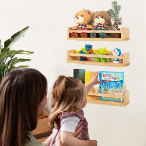 Nexzon Set of 3 Nursery Book Shelves with Booklet and Pen | 16.6" Kids Wall Bookshelves | Baby Nursery Shelves for Bedroom, Bathroom, Kitchen and Toy Storage (Pine Wood)