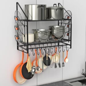 vygrow 35 inch pot rack wall mounted, 2 tier pots and pans organizer with 20 hooks and 6 pot lid holders, heavy duty steel pot and pan hanger for kitchen cookware utensils storage 34.7" lx13 wx26.4 h