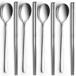 tiokin spoon and chopsticks set, 4 pair stainless steel metal chopsticks spoon set,4 set korean chopsticks and spoons, reusable flat long handle chopstick spoon set for home, kitchen or restaurant