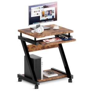 sogesfurniture small mobile computer desk with keyboard tray, z-shaped compact study table, rolling workstation for home and office with printer shelf, keyboard drawers, rustic brown