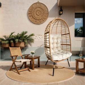 Meluvici Egg Chair Outdoor Indoor, Single Size Rattan Wicker Patio Basket Chair with 330LBS, Egg Lounger Chairs with Stand for Patio, Balcony, Bedroom, Beige