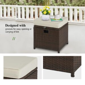 YIYAN 2 Pieces Outdoor Patio Ottomans, PE Rattan Foot Stool with Storage All Weather Outdoor Ottomans Footrest Seat with Removable Cushion(White)