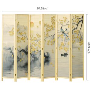 MyGift 6 Panel Large Bamboo Room Divider with Dual Sided Asian Birds Gingko Biloba Tree Sunset Design Print, Freestanding Artwork Privacy Partition Folding Screen with Beige Solid Wood Frame