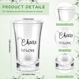 Uiifan 50 Sets Wedding Favors for Guests Wedding Short Glasses Cheers to Love Acrylic Clear Shot Glasses Plastic Glasses Wedding Thank You Cards with Organza Bags