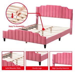 PUREMIND Twin Size Kids Bed Frame with Headboard, Children Bedroom Bed Frame, Upholstered Bed Platform with Slat Support, No Box Spring Needed, Pink Bed Frame for Girls-Princess Twin