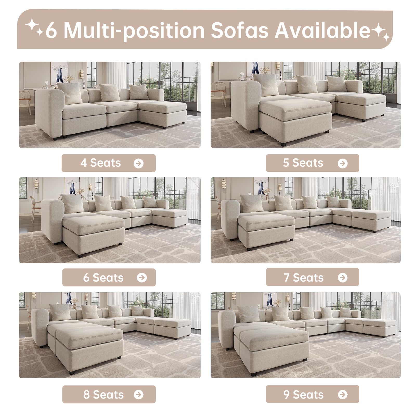 Guyii Velvet Sectional Sofa, Modern Oversized 9-Seater Sofa with 5 Pillows and Storage Footstool, Convertible Sofa with Cushions, U-Shaped Sofa for Living Room, Apartment, Home (9 Seat Sofa)