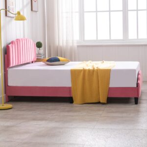 PUREMIND Twin Size Kids Bed Frame with Headboard, Children Bedroom Bed Frame, Upholstered Bed Platform with Slat Support, No Box Spring Needed, Pink Bed Frame for Girls-Princess Twin