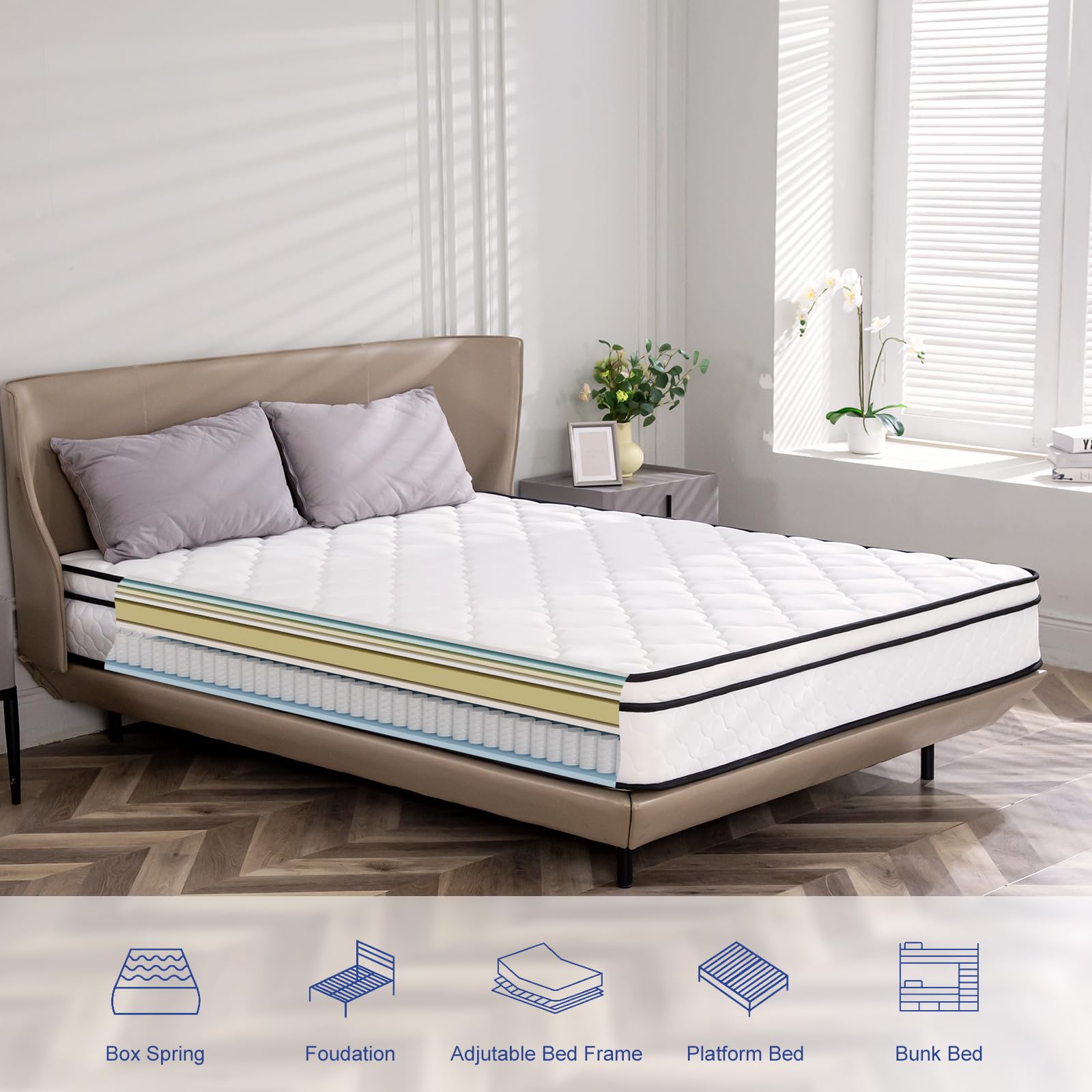 REGOSS Twin Mattress, 10 inch Twin Mattress in A Box, Hybrid Bonnell Coil Twin Size Mattress Medium Soft Feel with High Density Foam for Pressure Relief