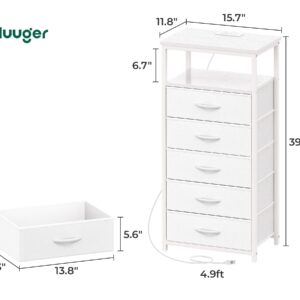 Huuger 5 Drawers Dresser with Charging Station, Dresser for Bedroom, Tall Night Stand, Chest of Drawers with PU Leather Finish, Open Shelf, Bedside Table Nightstand, for Entryway, White