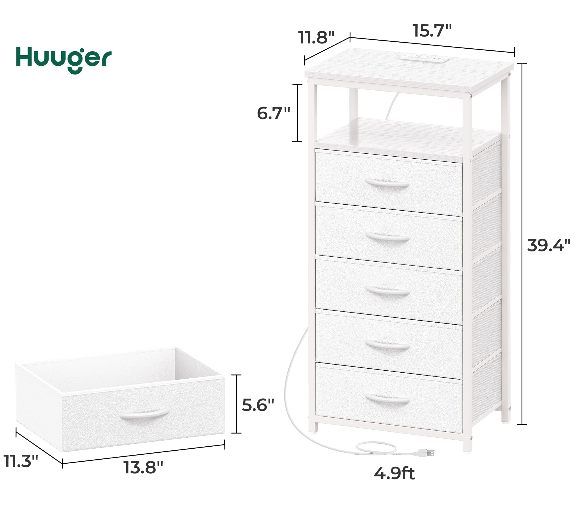 Huuger 5 Drawers Dresser with Charging Station, Dresser for Bedroom, Tall Night Stand, Chest of Drawers with PU Leather Finish, Open Shelf, Bedside Table Nightstand, for Entryway, White