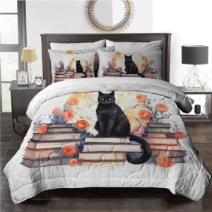 blessliving witch cat kids comforters and sheets king size black cat with book bedding set for girls women 8 piece watercolor flower animal pet bed set for all season (king)