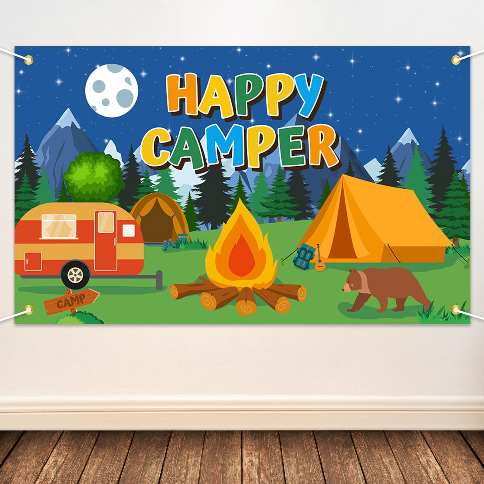 Avezano Happy Camper Banner Camping Party Decorations Campfire Forest Adventure Photography Backdrop for Kids Camp Theme Birthday Baby Shower Party Supplies (Style 1, 71x43inch)