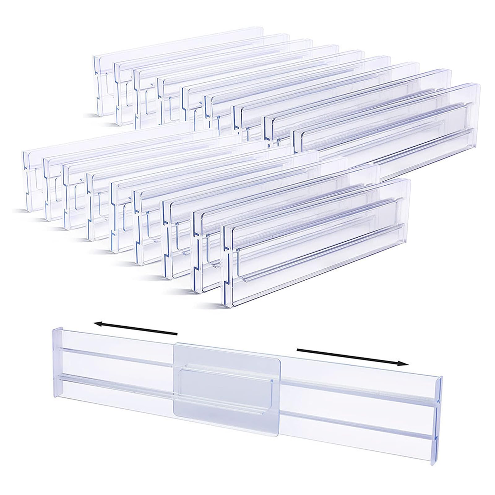 Voittozege 18 Pack Clear Drawer Dividers,Adjustable 3.5" High Expandable from 11-20" Acrylic Dresser Drawers Dividers, Clear Plastic Drawers Separators for Bedroom, Bathroom, Closet,Clothing, Office