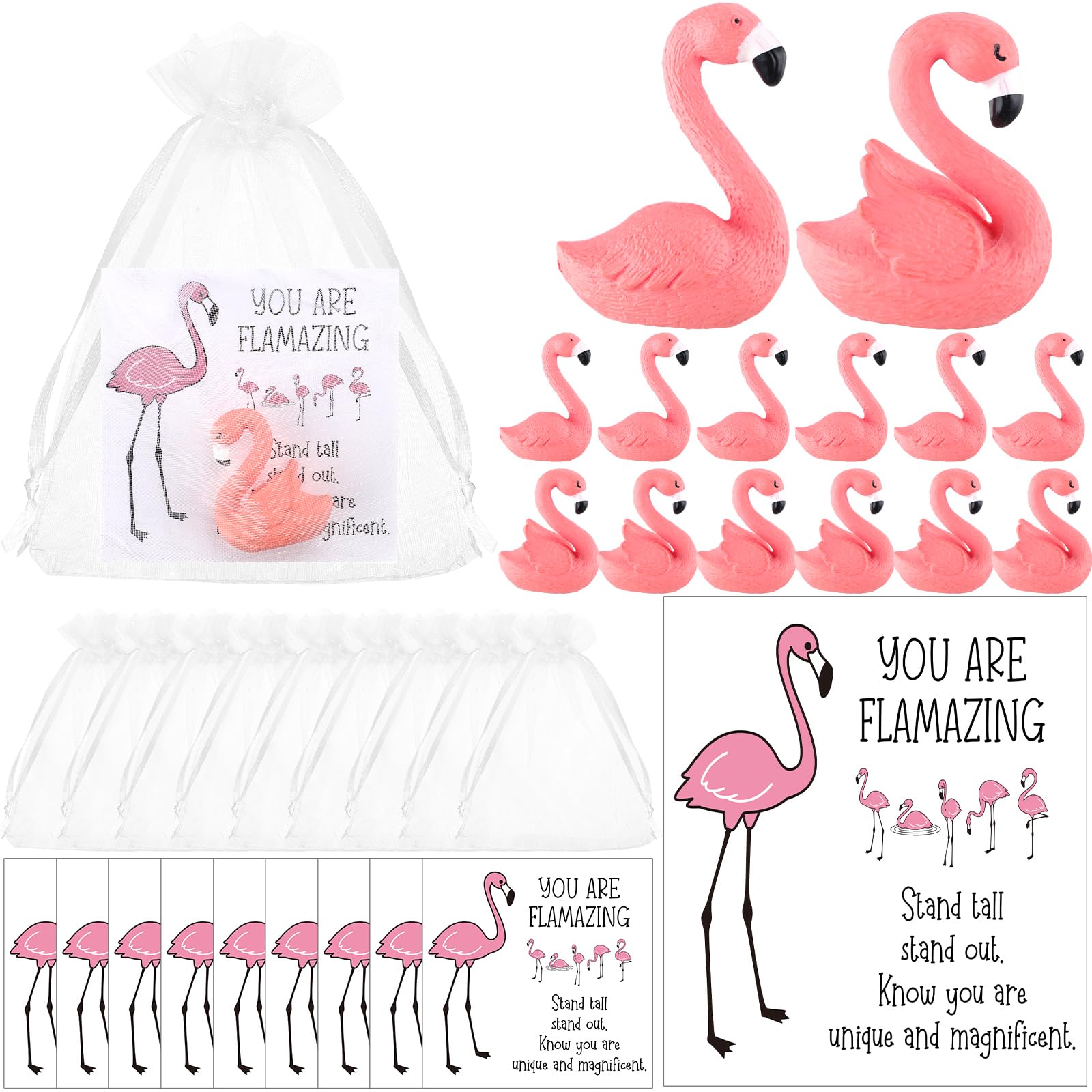 Poen 300 Pcs Employee Appreciation Gifts Flamingo Party Favors Inspirational Gift Include 100 Mini Flamingos Figurine 100 Motivation Cards 100 Organza Bags for Coworker Staff Christmas Thanksgiving