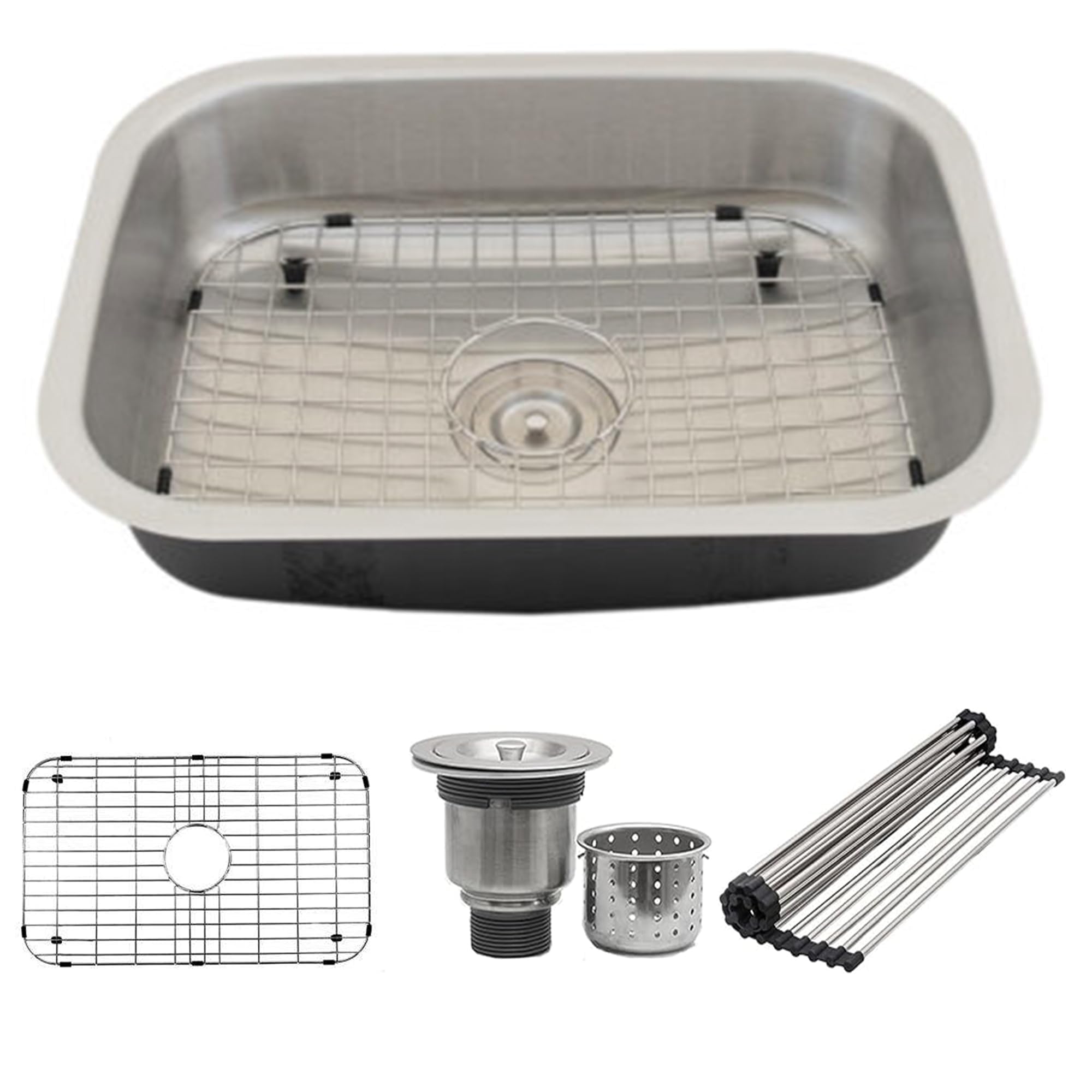 Strictly Sinks 23-7/16 Inch ADA Compliant Undermount Kitchen Sink - Single Bowl Kitchen Sink with Accessories, 18 Gauge Stainless Steel Sink with Strainer Drain, Roll Up Dish Drying Rack & Bottom Grid