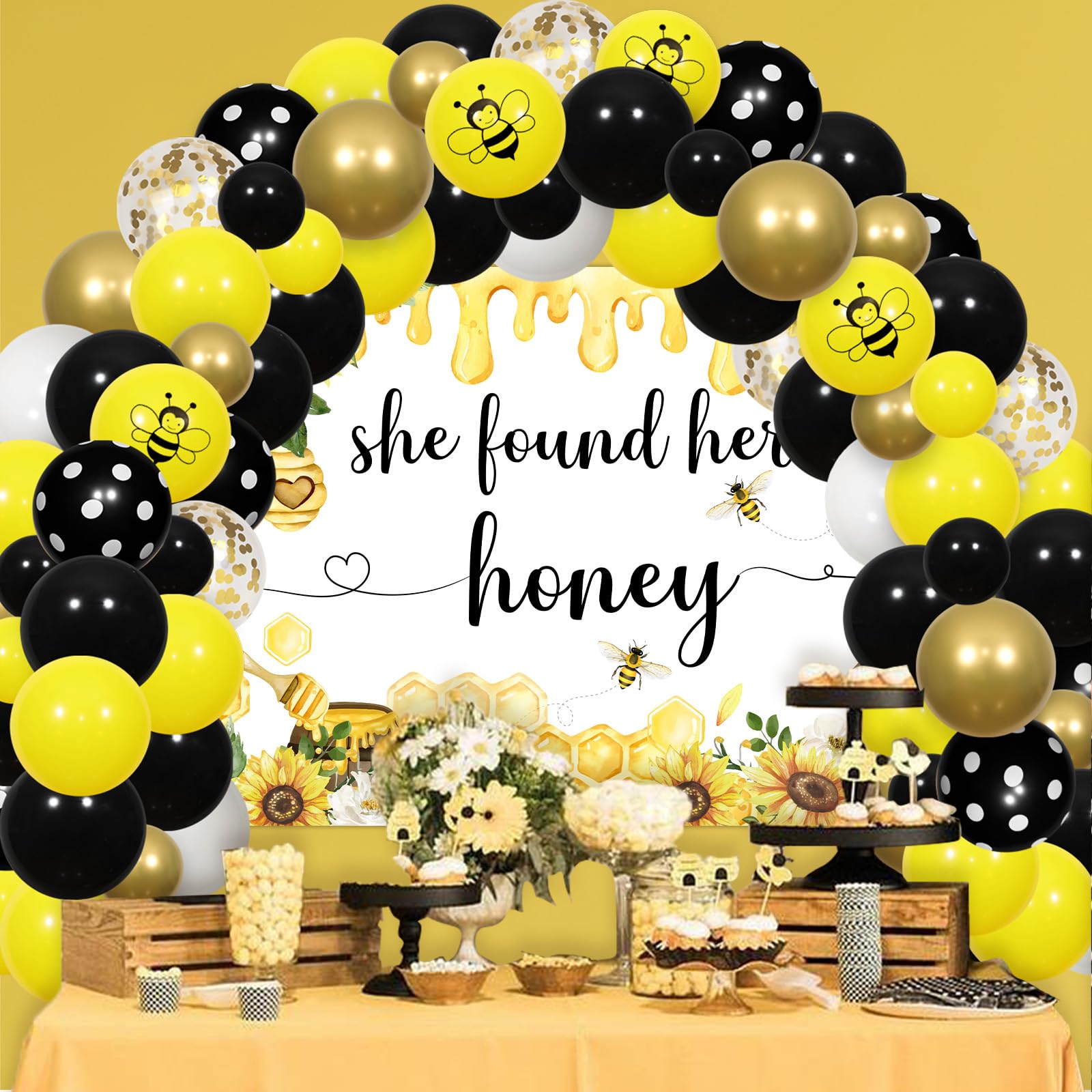 Wonmelody Bride to Bee Bridal Shower Decor She Found Her Honey Backdrop Bachelorette Decor Bride to Be Sash Bee Bridal Shower Balloon Arch Ring Balloon for Engagement Wedding Bachelorette Party