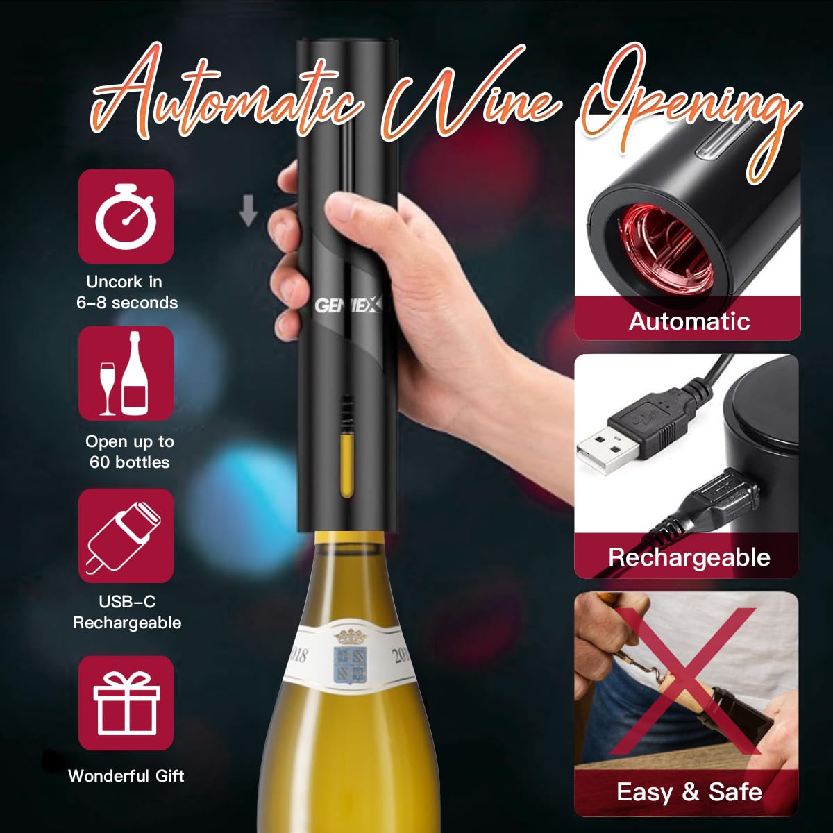 Electric Wine Set 4 | Automatic Wine Opener Dispenser Gift Set - Electric Corkscrew Opener & Auto Wine Dispenser | Perfect HouseWarming Gifts & Cool Wine Gifts (Black)