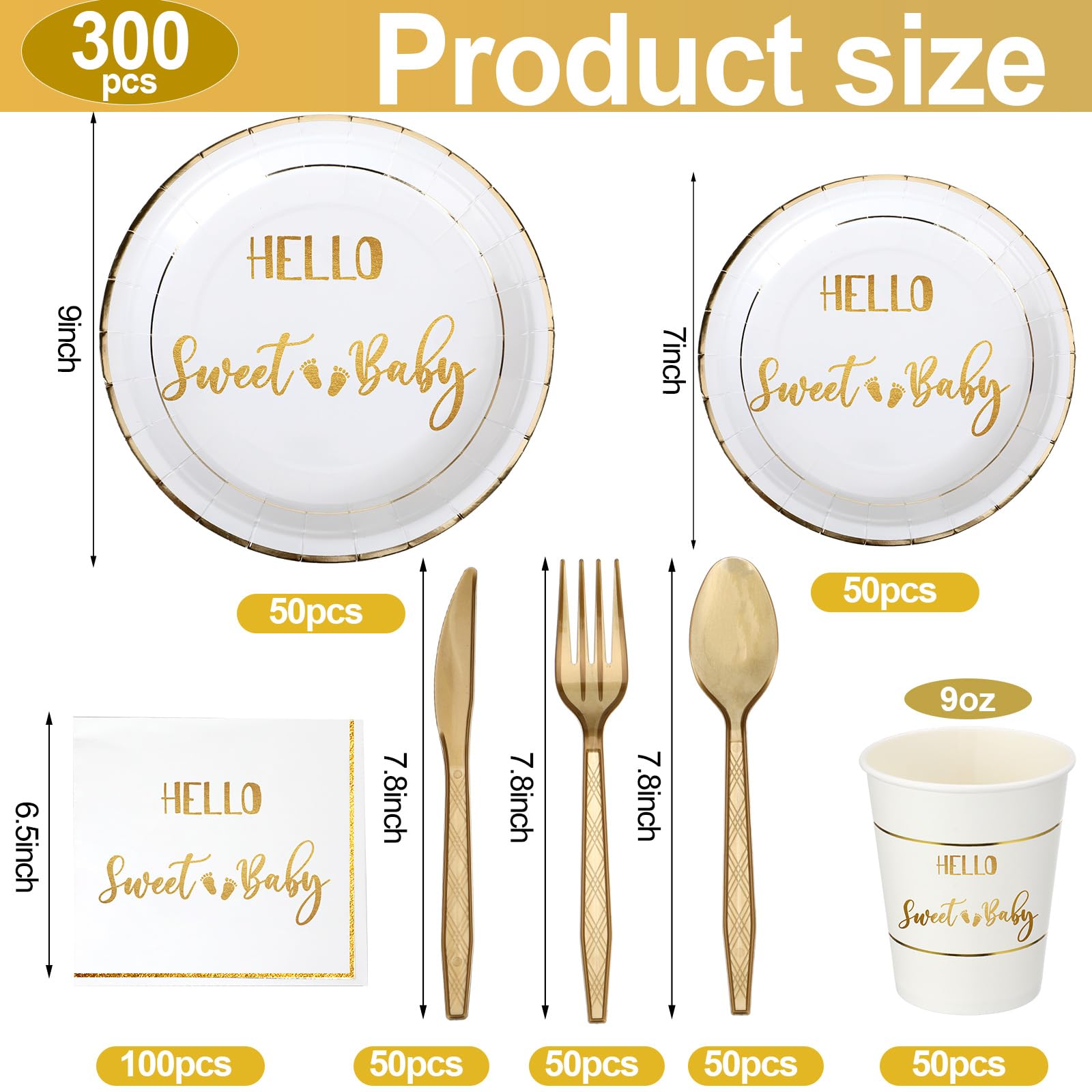 Yungyan 400 Pcs Baby Shower Dinnerware for 50 Guest Baby Shower Paper Plate Napkin Set Baby Shower Plate Napkins Cup Footprint Disposable Knives Fork Spoon Gender Reveal(Gold,Classic)