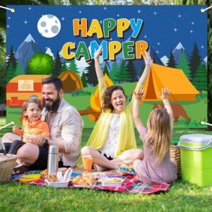 Avezano Happy Camper Banner Camping Party Decorations Campfire Forest Adventure Photography Backdrop for Kids Camp Theme Birthday Baby Shower Party Supplies (Style 1, 71x43inch)