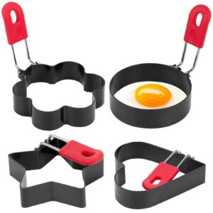 linkidea 4 packs egg rings set for griddle frying egg, 4 shapes stainless steel egg shaper mold, non-stick omelet form maker with handle for sandwich, burgers, pancake