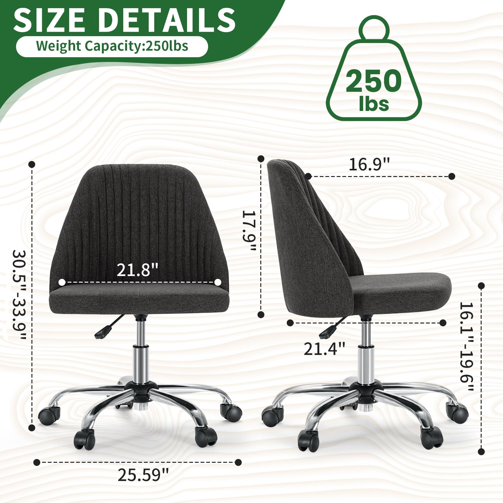 Armless Desk Chair with Comfortable Fabric Cover,Modern Home Office Chairs with Swivel Wheels for Computer Task Chairs Cute Vanity Chairs Adjustable Height for Living Room,Bed Room,Conference Office