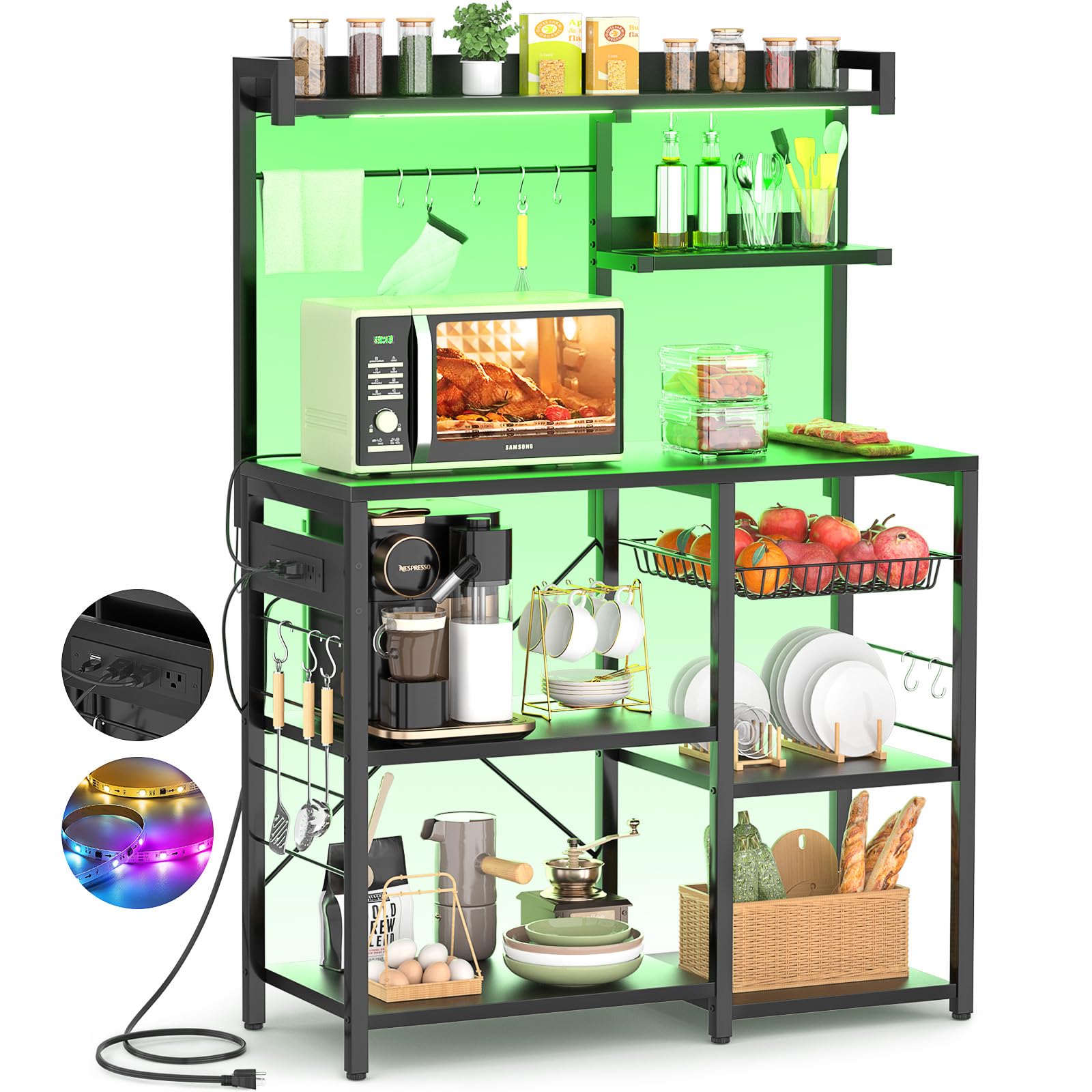 Aheaplus Bakers Rack with Power Outlet and LED Light Strings, Microwave Oven Stand Kitchen Storage Shelf with Wire Basket, Coffee Bar Station Island Table with 10 Hooks for Spices, Pots, Pans, Black