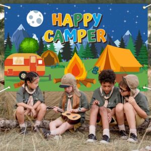 Avezano Happy Camper Banner Camping Party Decorations Campfire Forest Adventure Photography Backdrop for Kids Camp Theme Birthday Baby Shower Party Supplies (Style 1, 71x43inch)