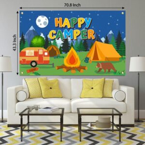 Avezano Happy Camper Banner Camping Party Decorations Campfire Forest Adventure Photography Backdrop for Kids Camp Theme Birthday Baby Shower Party Supplies (Style 1, 71x43inch)