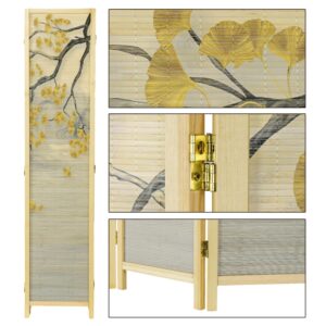 MyGift 6 Panel Large Bamboo Room Divider with Dual Sided Asian Birds Gingko Biloba Tree Sunset Design Print, Freestanding Artwork Privacy Partition Folding Screen with Beige Solid Wood Frame