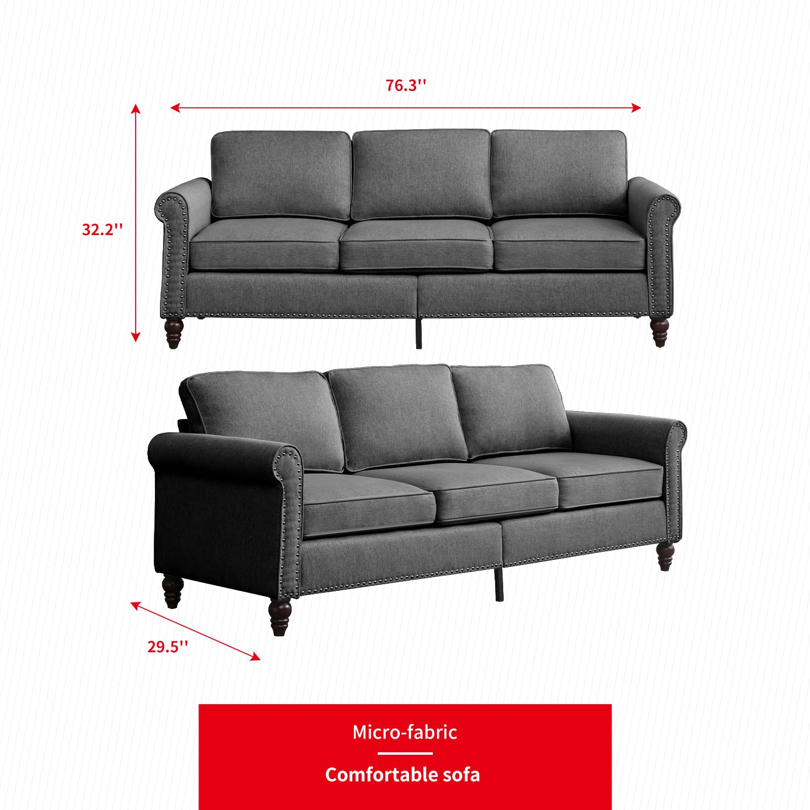 PUREMIND Sofa Couch, Linen Fabric 3 Seat Comfy Couches for Living Room, Mid Century Modern Couch with Solid Wood Frame and 4 Gourd Shapes Legs, Soft Cushion Sofa for Home/Apartment(Dark Gray)