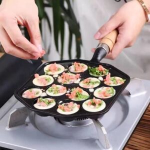 Takoyaki Grill Pan 14 Holes Nonstick Cast Iron Octopus Meat Balls Molds Maker with Detachable Handle, Pancake Balls Desserts Skillet for Induction Cooker, Gas Stove