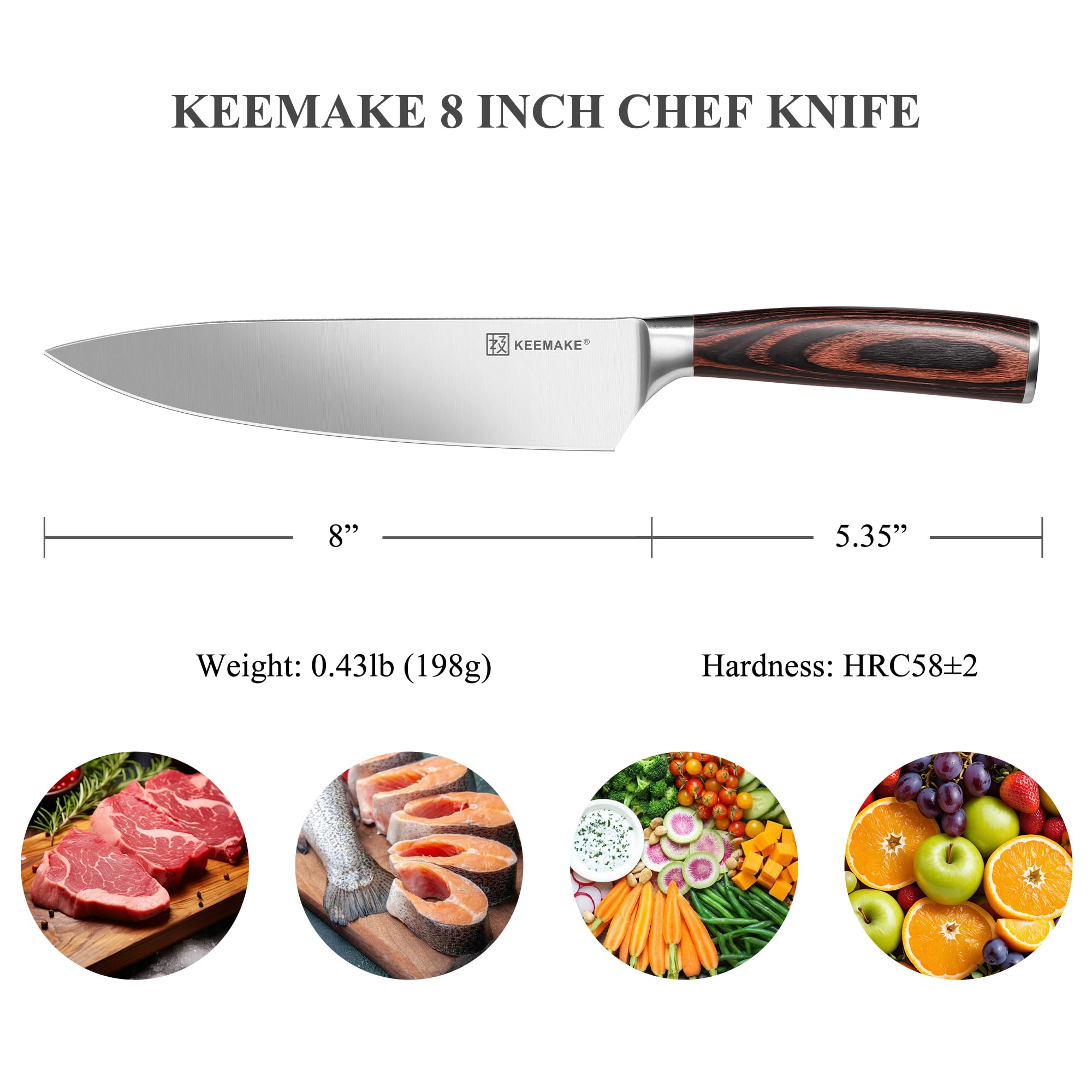 KEEMAKE Chef Knife 8 inch - Sharp Kitchen Knife High Carbon Stainless Steel Blade, Gyuto Knife Ergonomic Wood Handle, Professional Chef’s Knife for Home Kitchen and restaurant