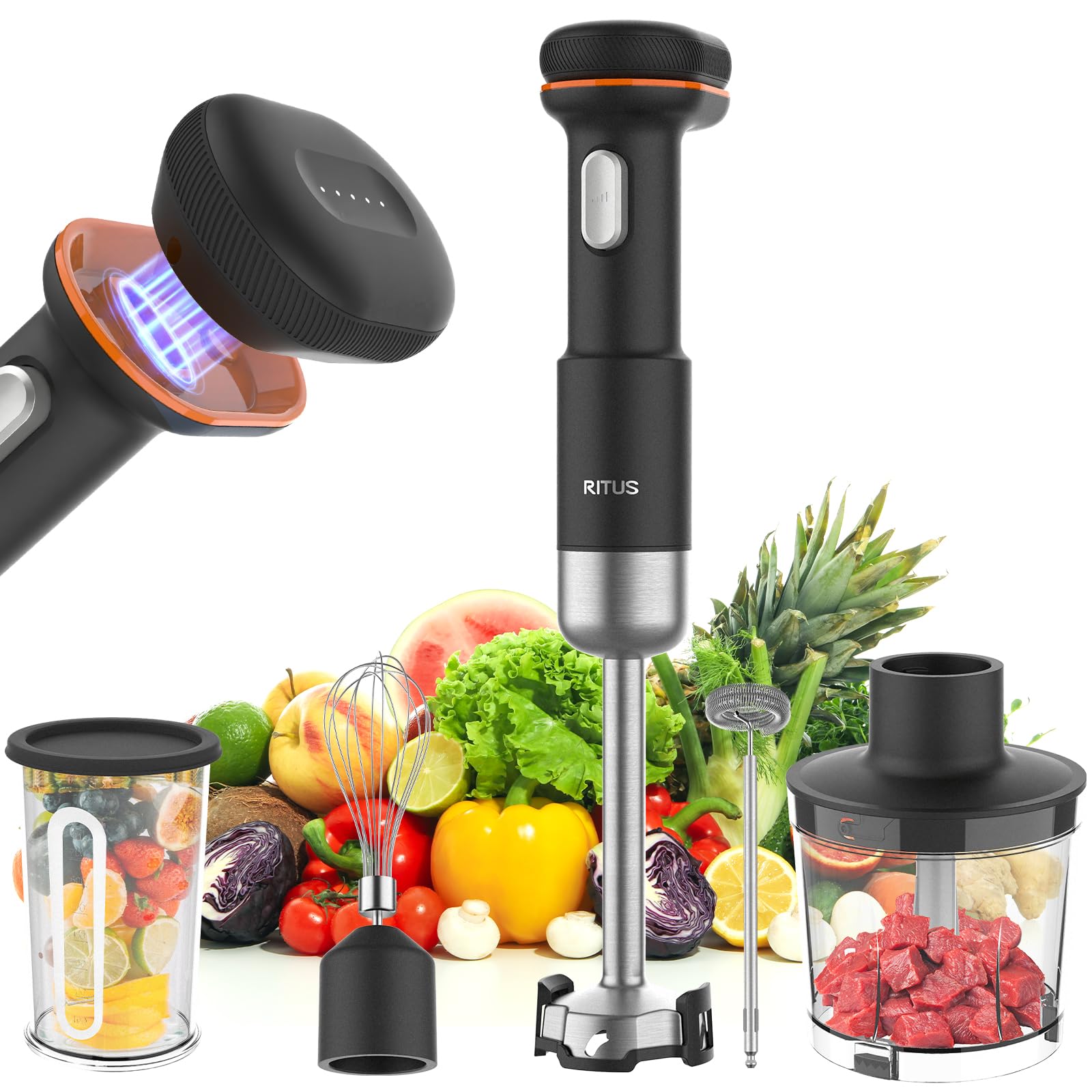 Commercial Immersion Blender, 5 in 1 Cordless Hand Blender Heavy Duty Motor, 4000-13000RPM lmmersion Blender Variable Speed Hand Blender With Mixing Beaker, Chopper, Whisk and Milk Frother