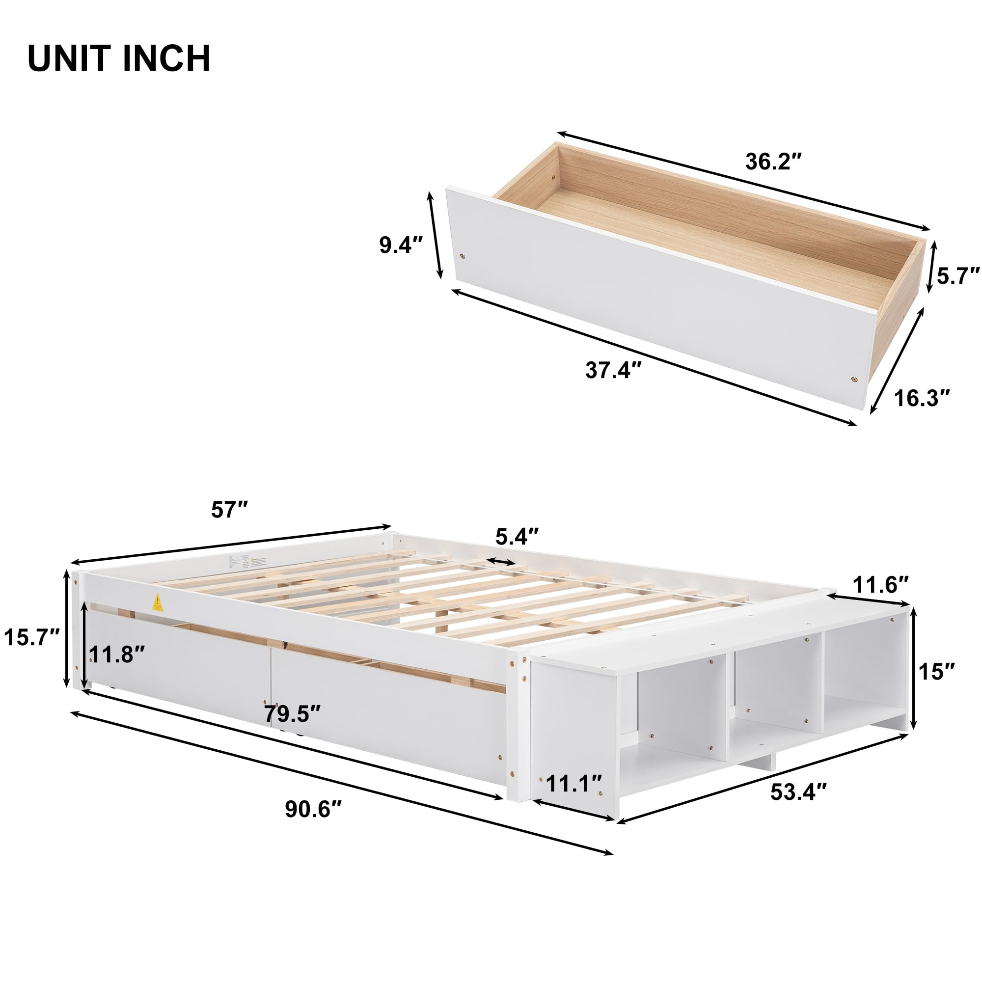 Harper & Bright Designs Full Size Platform Bed with 2 Storage Drawers, Wood Full Size Bed Frame with Storage Case, Full Storage Bed with Wood Slats Support for Bedroom, No Box Spring Needed, White