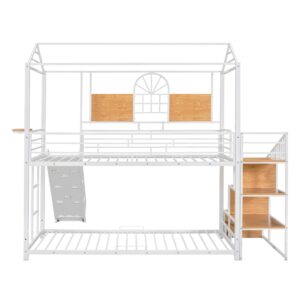 Harper & Bright Designs Metal Twin Over Twin Bunk Beds with Slide, House Bunk Bed with Storage Stairs, Kids Bunk Beds with Roof and Guardrails for Girls Boys Teens, White+White Slide