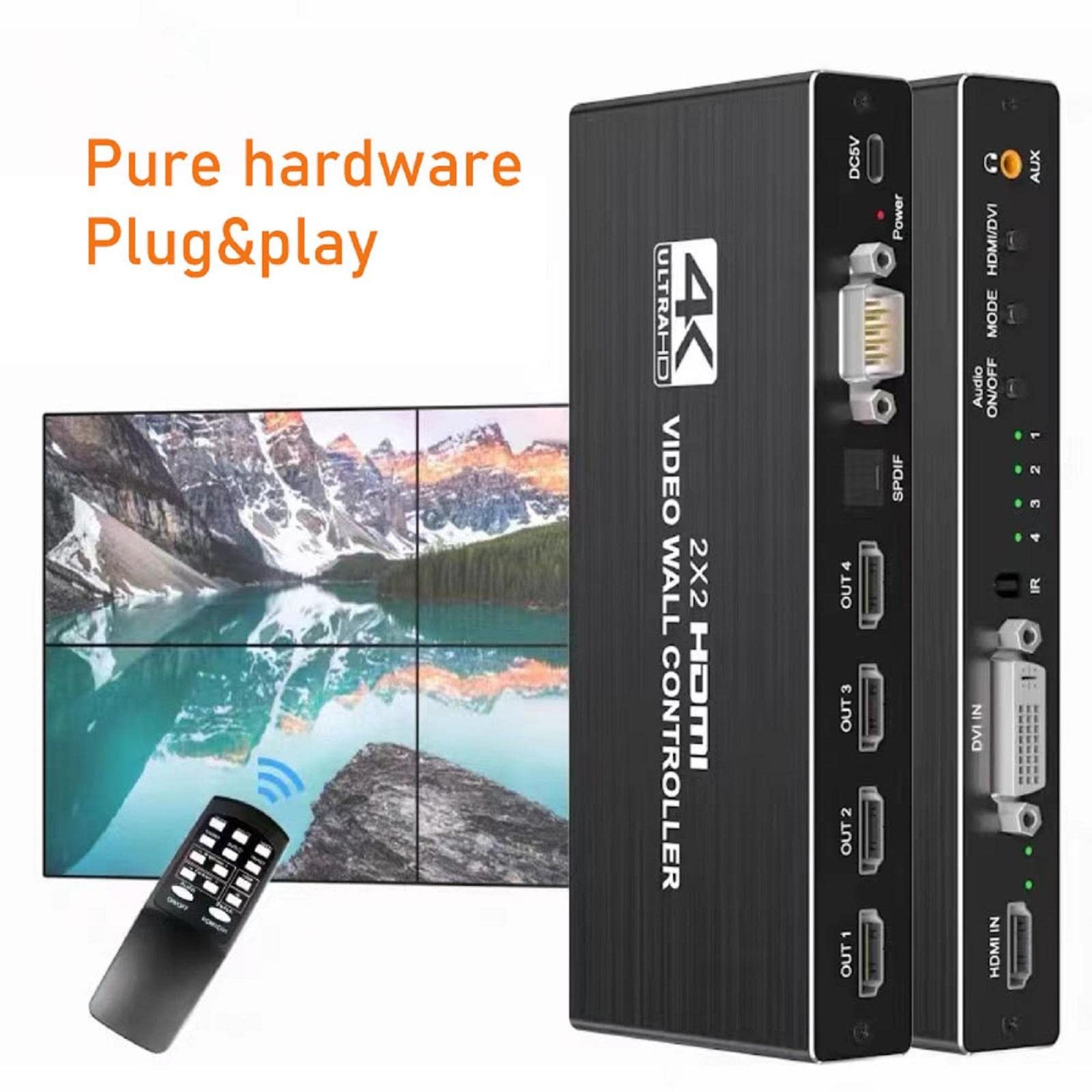 2024 Multi-Screen Splicing Display Matrix 4K 2x2 Video Wall Controller HDMI/DVI Input Video Wall Processor with Remote Control for 4 TV Splicing