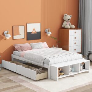 Harper & Bright Designs Full Size Platform Bed with 2 Storage Drawers, Wood Full Size Bed Frame with Storage Case, Full Storage Bed with Wood Slats Support for Bedroom, No Box Spring Needed, White