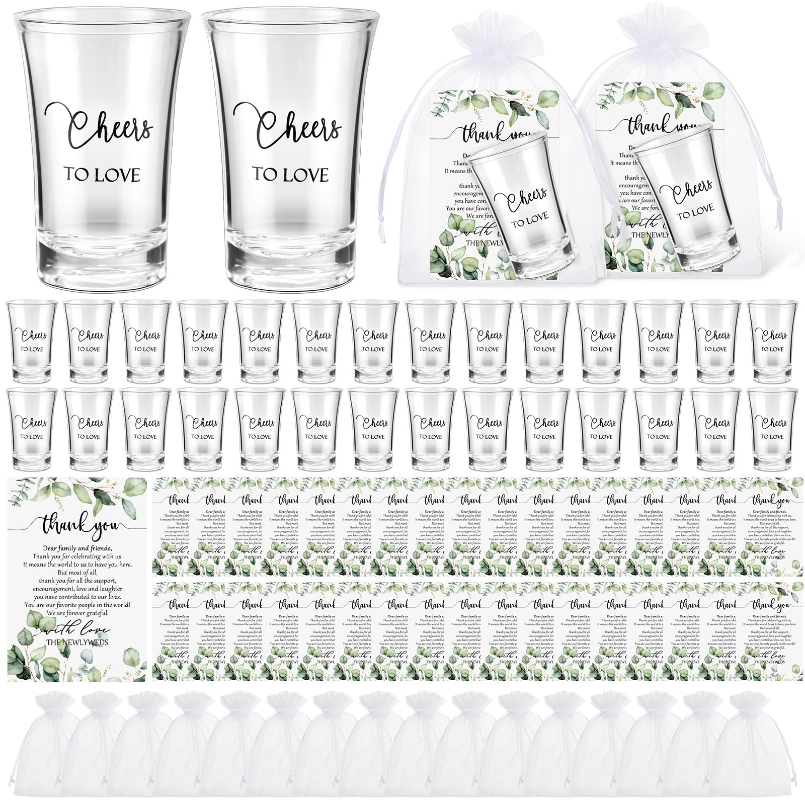 Uiifan 50 Sets Wedding Favors for Guests Wedding Short Glasses Cheers to Love Acrylic Clear Shot Glasses Plastic Glasses Wedding Thank You Cards with Organza Bags