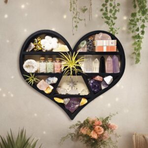 FNYDOX Wooden Heart Shape Crystal Display Shelf, Rock Holder Witchy Home Decor Gem Storage Wall Art Boho Organizer Gothic Wood Hanging Floating Shelf, Mothers Day Birthday Valentines Day Gift