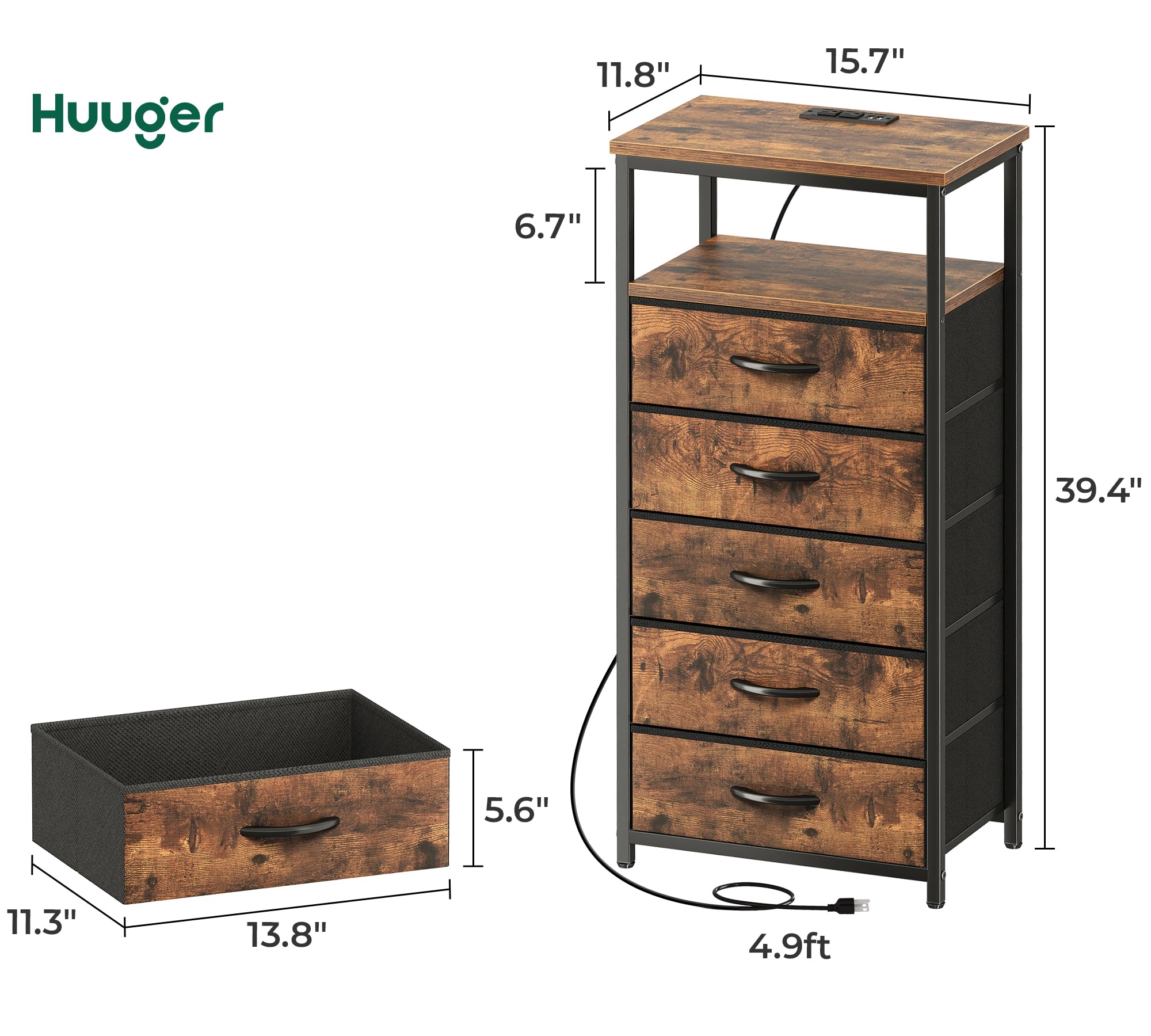 Huuger 5 Drawers Dresser with Charging Station, Dresser for Bedroom, Tall Night Stand, Chest of Drawers with Open Shelf, Bedside Table Nightstand, Fabric Dresser, for Entryway, Rustic Brown