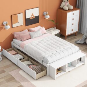 harper & bright designs full size platform bed with 2 storage drawers, wood full size bed frame with storage case, full storage bed with wood slats support for bedroom, no box spring needed, white