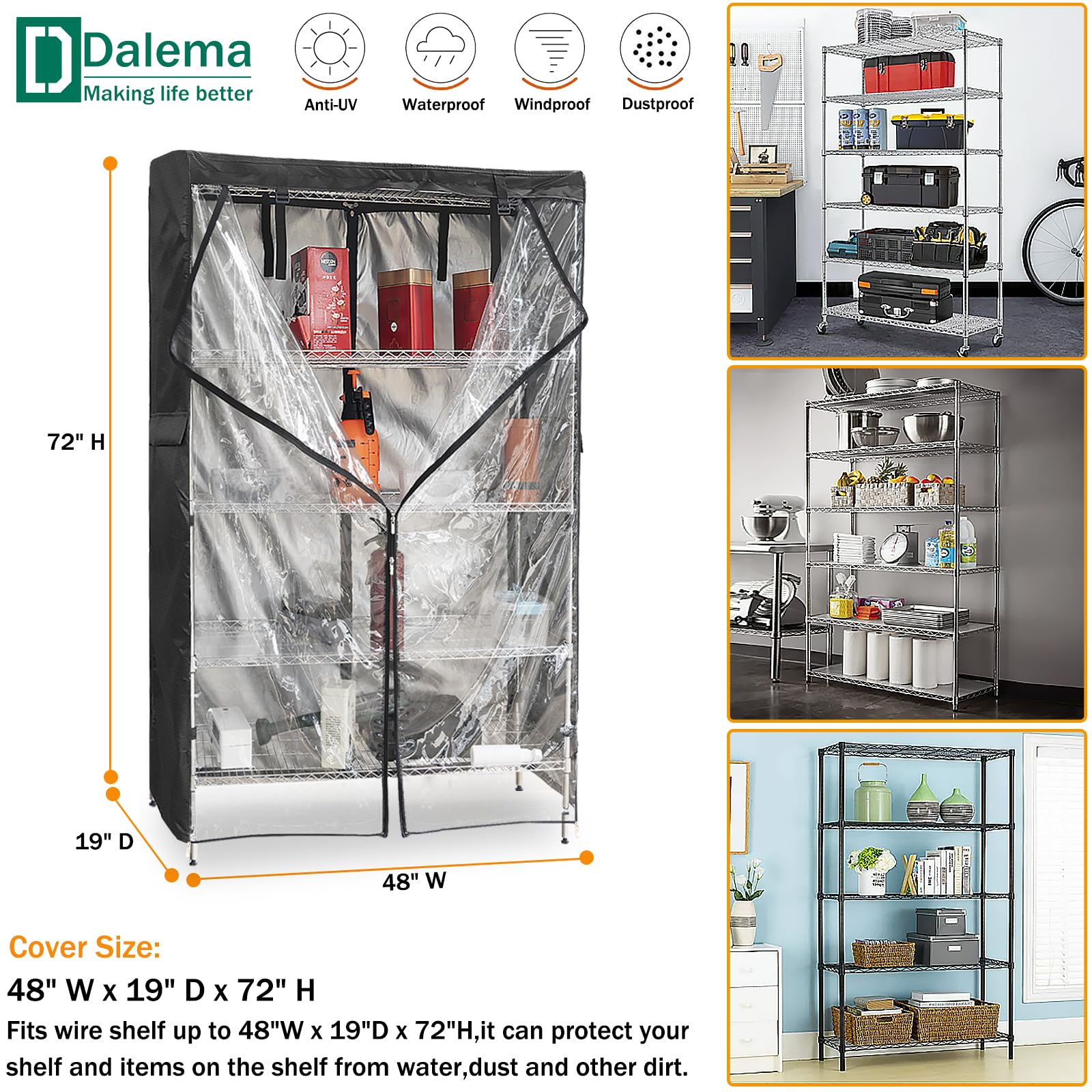 Dalema Wire Shelf Cover,600D Heavy Duty Waterproof Dustproof Standing Shelf Units Cover,Outdoor Storage Rack Cover with Zipper for Metal Shelving(Black with clear front,48x19x72 Inch)