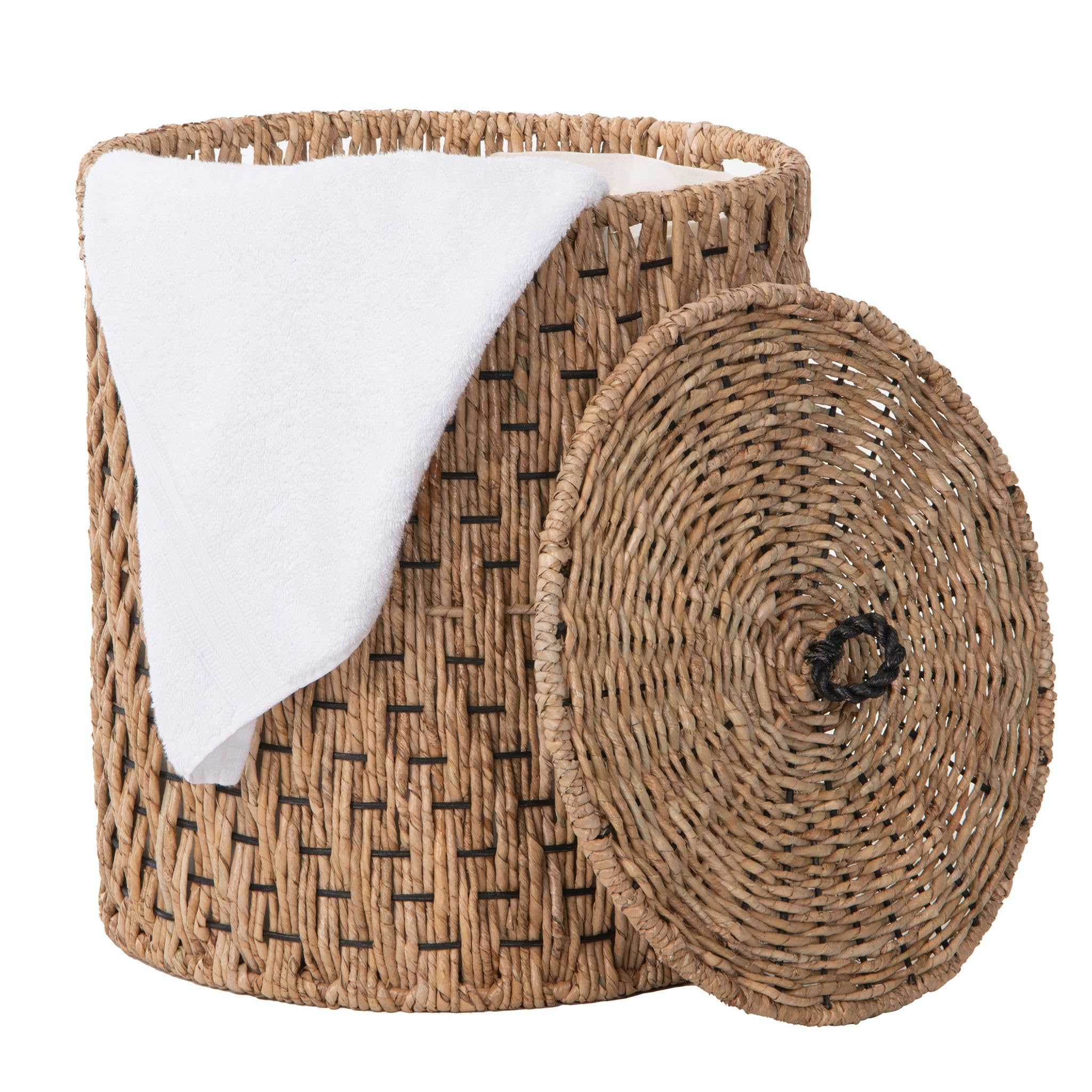 Round Sea Grass Laundry Basket with Removable Liner and Lid with Handle - Handwoven Seagrass in Coastal, Natural Decor Style - Seagrass Storage Bin for Your Home - 18 in. height - from Kouboo