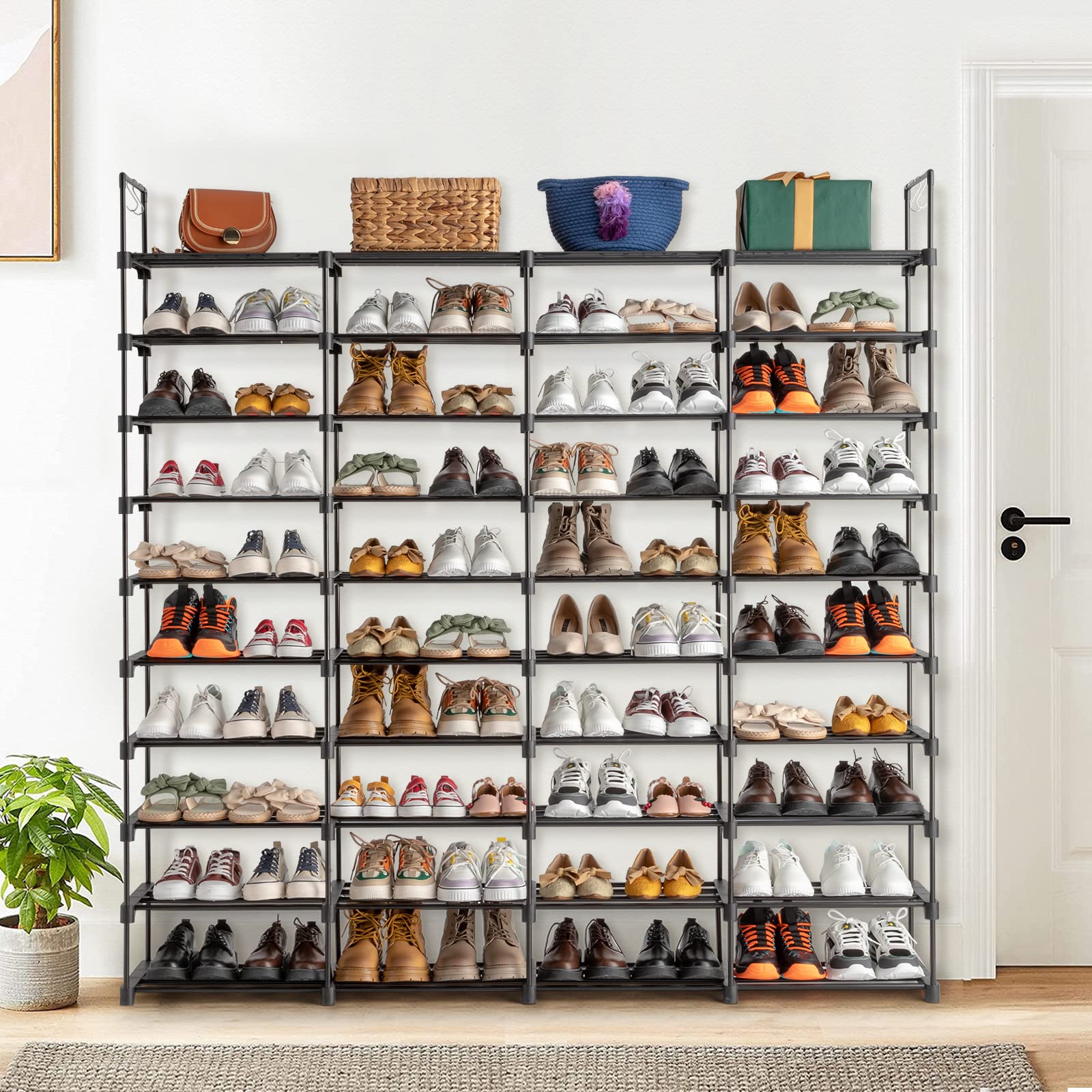 10-Tier Tall Shoe Rack - Free Standing Shoe Shelf Organizer - Large Metal Closet Organizers and Storage Shelves - Stackable Shoe Stand with Hooks for Bedroom Entryway - Holds 80 Pairs of Shoes - Black