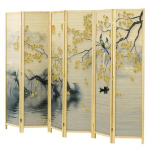 MyGift 6 Panel Large Bamboo Room Divider with Dual Sided Asian Birds Gingko Biloba Tree Sunset Design Print, Freestanding Artwork Privacy Partition Folding Screen with Beige Solid Wood Frame