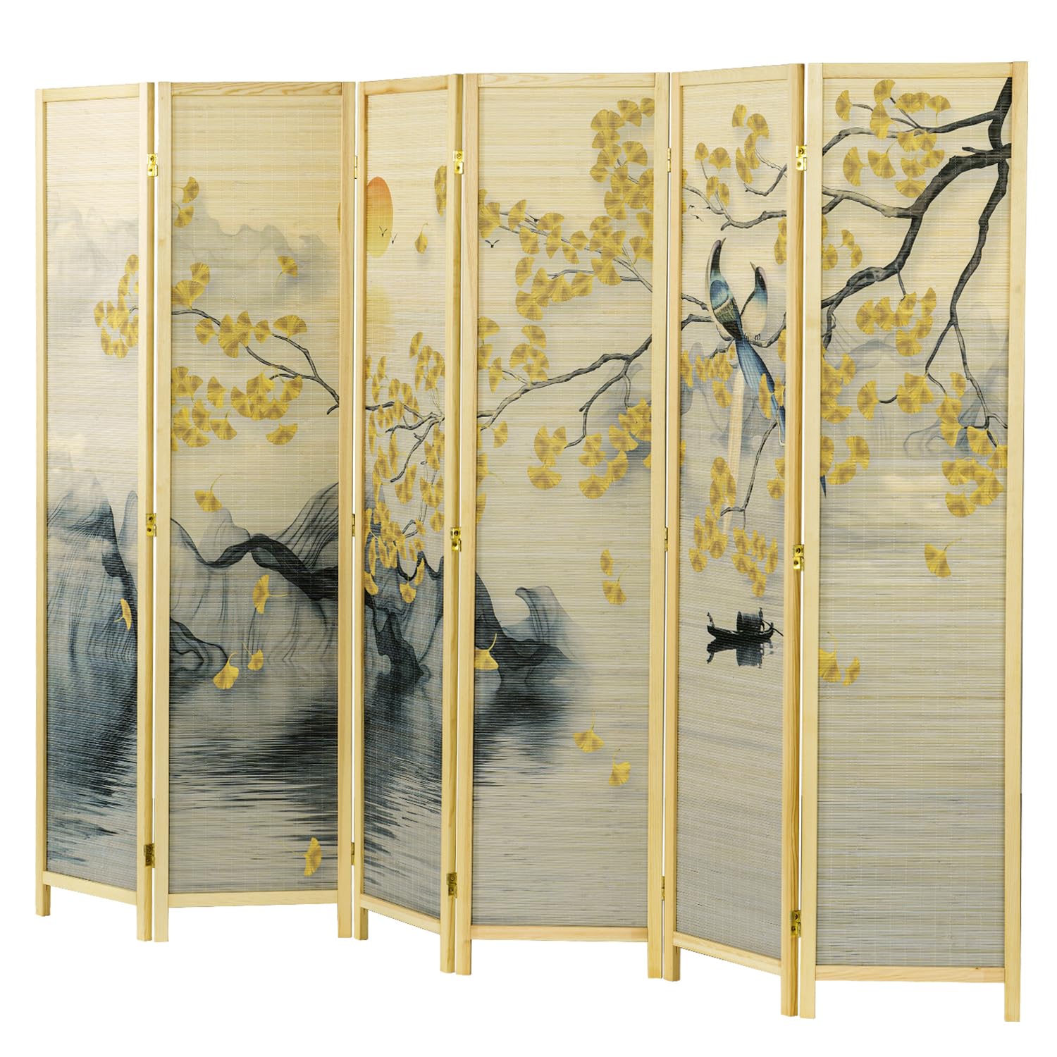 MyGift 6 Panel Large Bamboo Room Divider with Dual Sided Asian Birds Gingko Biloba Tree Sunset Design Print, Freestanding Artwork Privacy Partition Folding Screen with Beige Solid Wood Frame