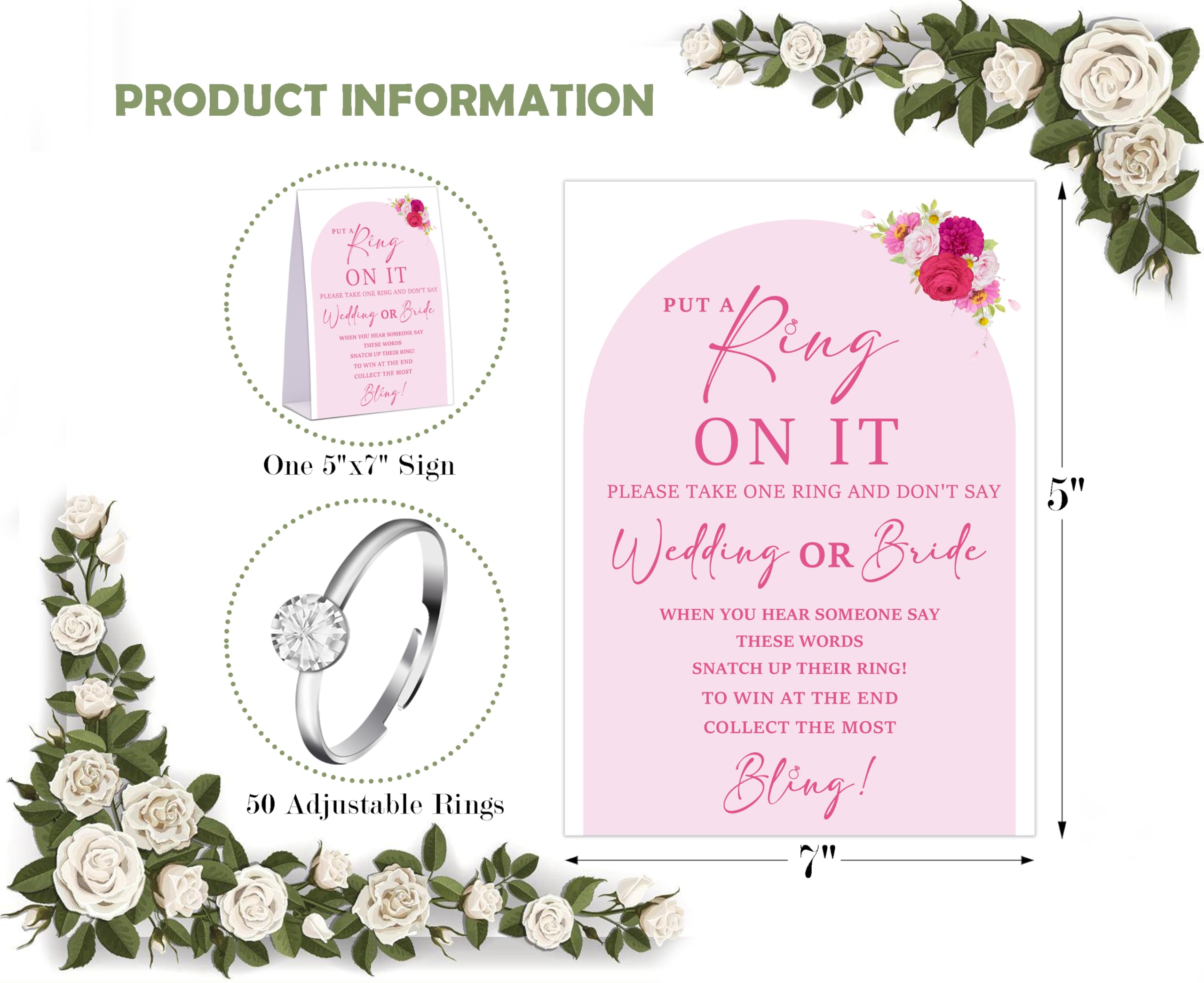 Pink Floral Don't say Bride or Wedding Game, Put a Ring on It Bridal Shower Game with 50 Fake Rings, Modern Bridal Shower Decorations, Wedding Shower or Bachelorette Party Supplies - 05