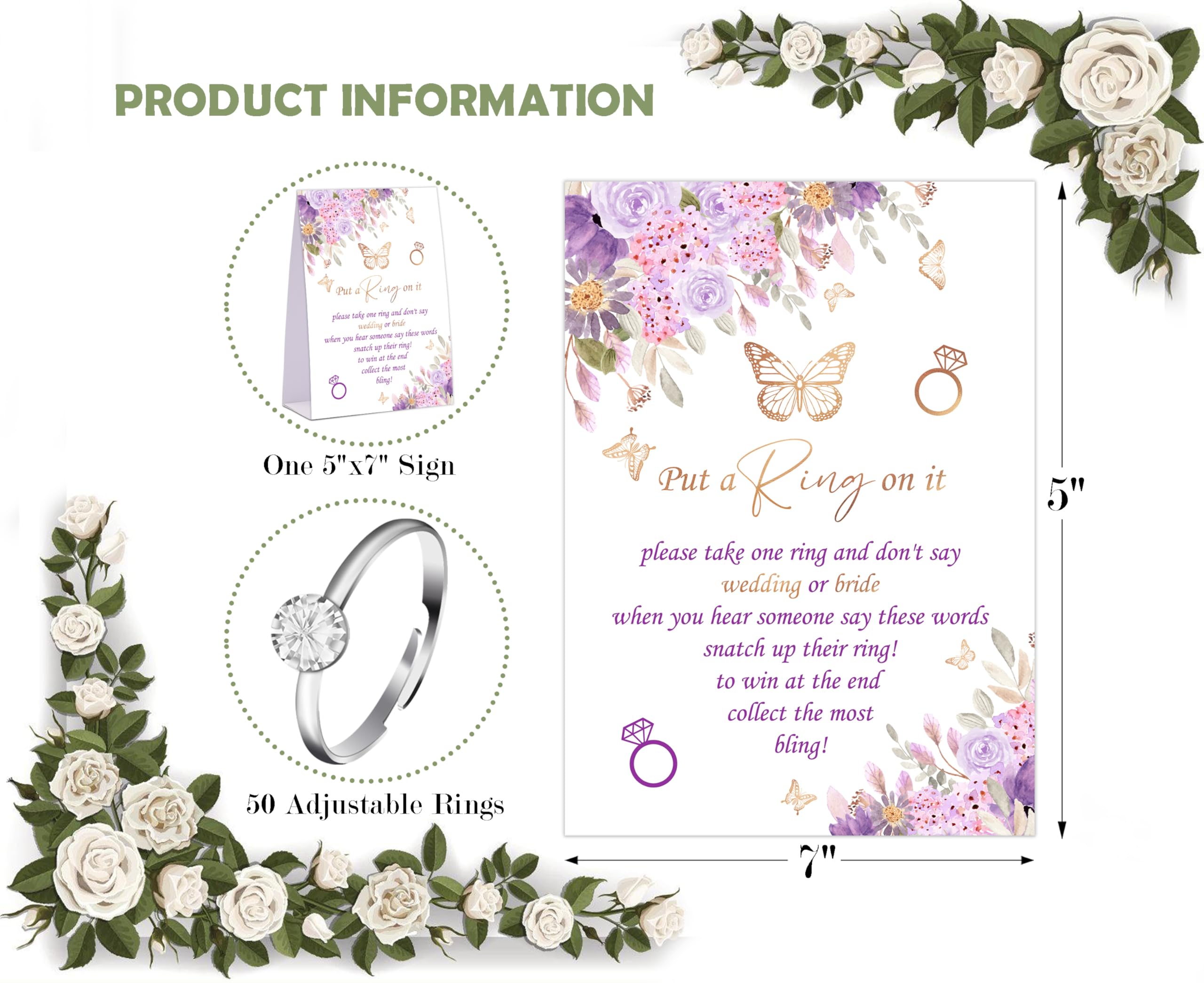 Butterfly Don't say Bride or Wedding Game, Put a Ring on It Bridal Shower Game with 50 Fake Rings, Bridal Shower Decorations, Wedding Shower or Bachelorette Party Supplies - 10