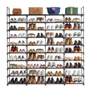 10-Tier Tall Shoe Rack - Free Standing Shoe Shelf Organizer - Large Metal Closet Organizers and Storage Shelves - Stackable Shoe Stand with Hooks for Bedroom Entryway - Holds 80 Pairs of Shoes - Black